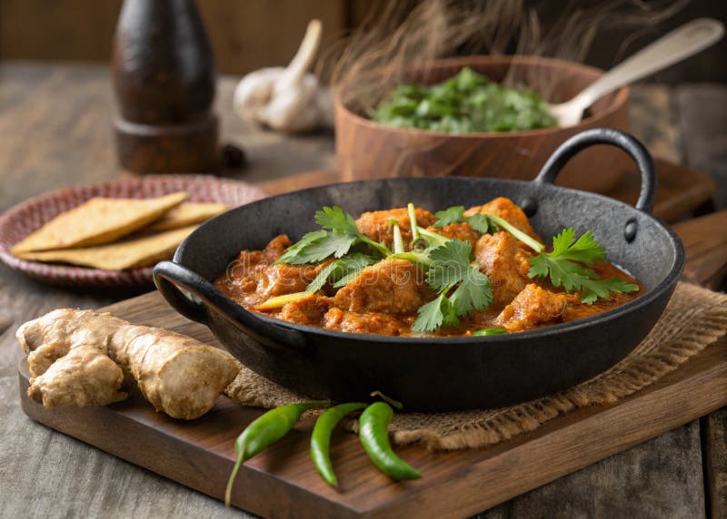 Traditional Chicken Karahi in Wok with Garnishing Stock Illustration ...