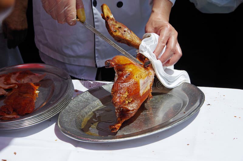 Traditional Chief Prepares Roasted Duck Closeup Stock Photo - Image of ...