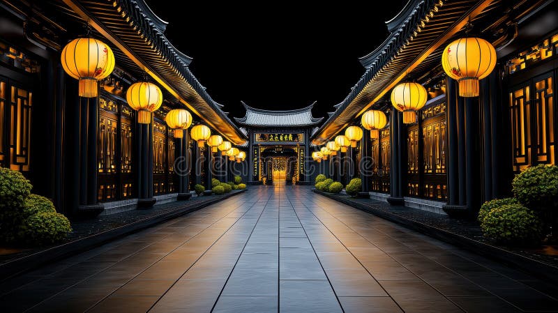 Traditional Chinese Architecture with Glowing Lanterns at Night Stock ...