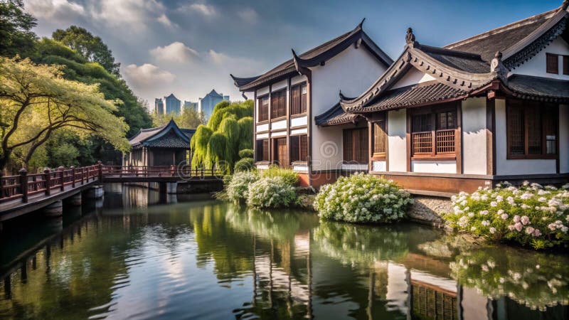 Traditional Chinese Architecture with a Pond and Bridge Stock ...