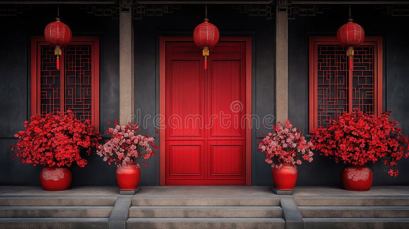 Traditional Chinese Architecture with Red Door and Lanterns. Chinese ...