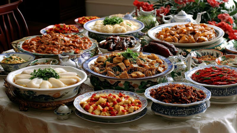 Traditional Chinese Banquet Table with Assorted Dishes and Decor Stock ...