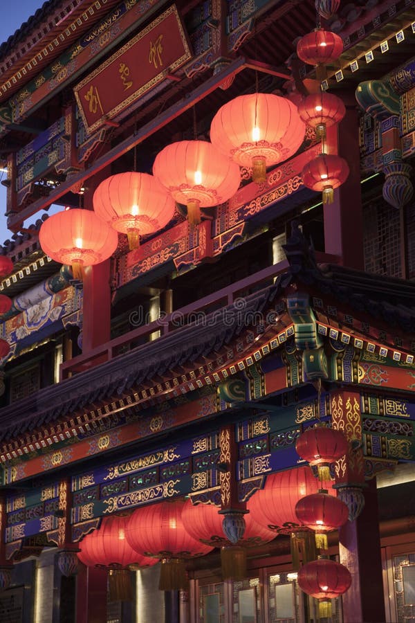Traditional Chinese Building Illuminated at Dusk in Beijing, China ...