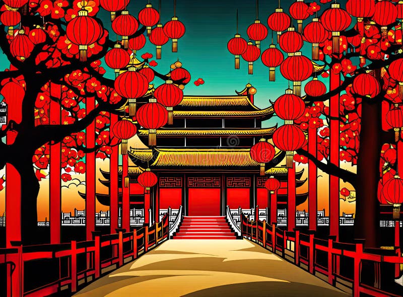 Traditional Chinese Construction, Path with Trees and Hanging ...