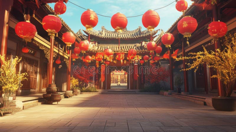 Traditional Chinese Courtyard with Red Lanterns and Blossoming Trees ...