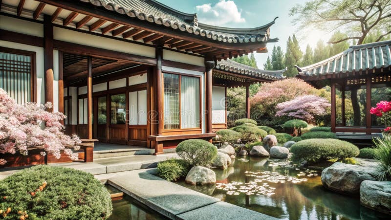 A Traditional Chinese Garden with a Pond, Stone Path, and Blooming ...