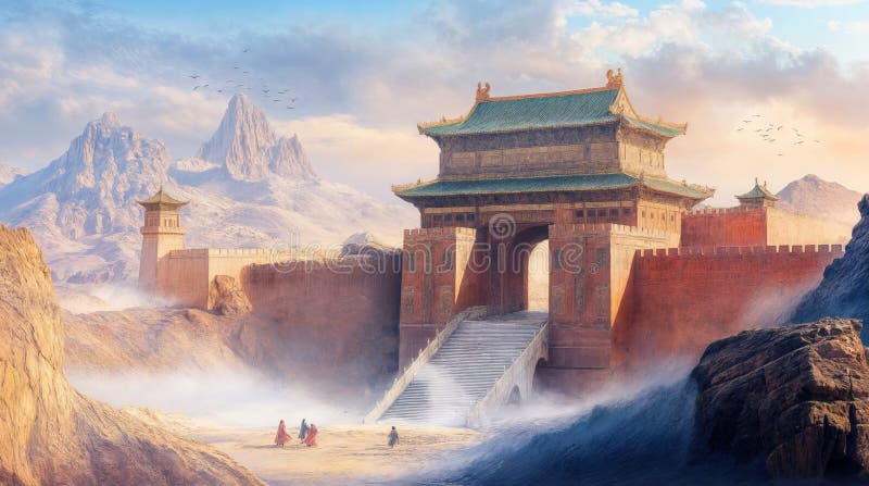 Traditional Chinese Gate Structure Set Against a Backdrop of Mountains ...