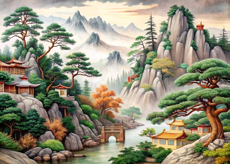 Traditional Chinese Graphics with Trees and Rocks Stock Illustration ...
