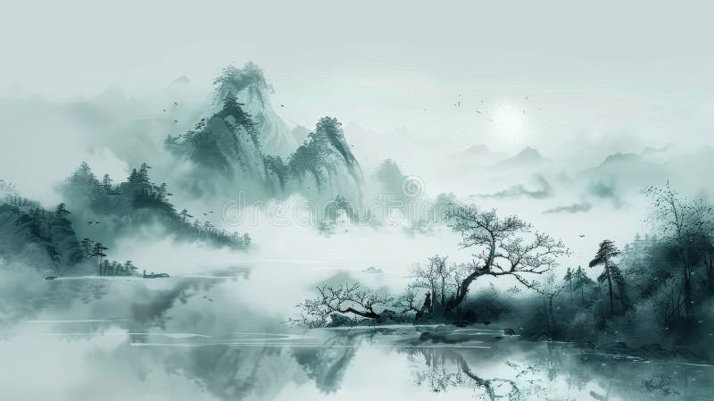 Traditional Chinese Ink Wash Landscape Minimalistic Stock Photos - Free ...