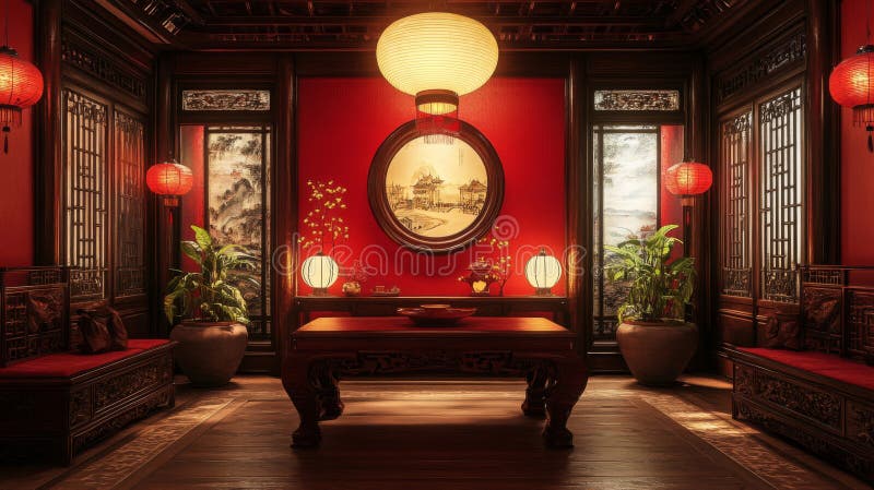 Traditional Chinese Interior Design with Red Accents and Lanterns Stock ...