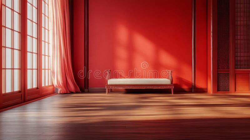 Traditional Chinese Interior Design with Wooden Bench and Red Wall ...