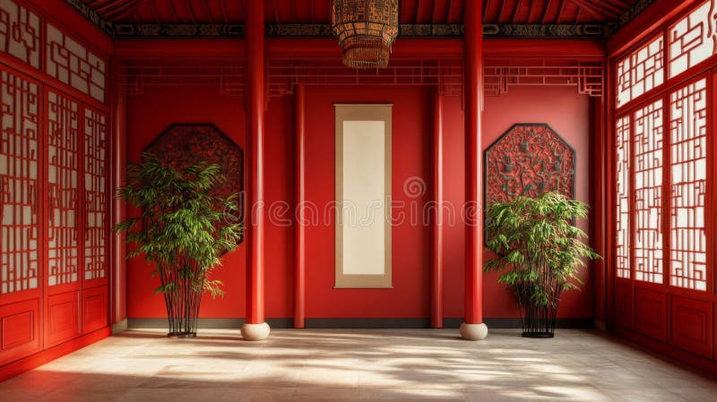 Traditional Chinese Interior with Red Walls and Ornate Windows Stock ...