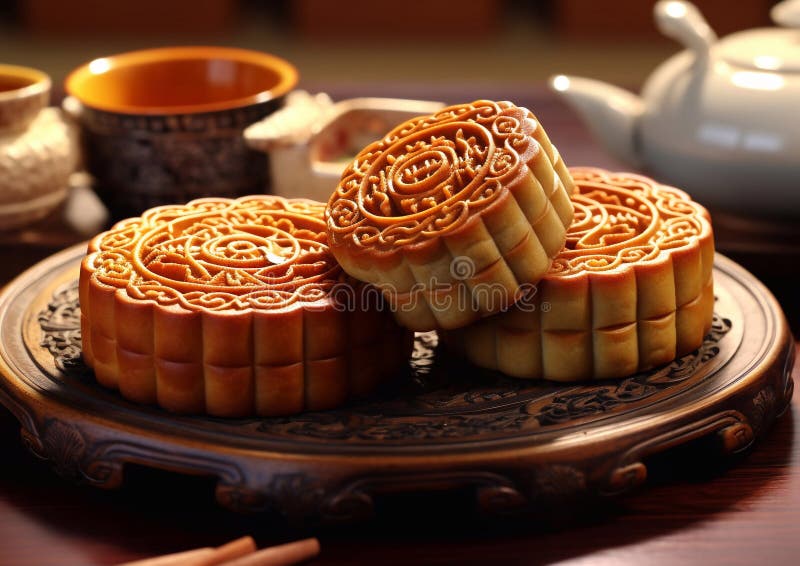 Traditional Chinese Mooncake Sweet Pastry on Table.Macro.AI Generative ...