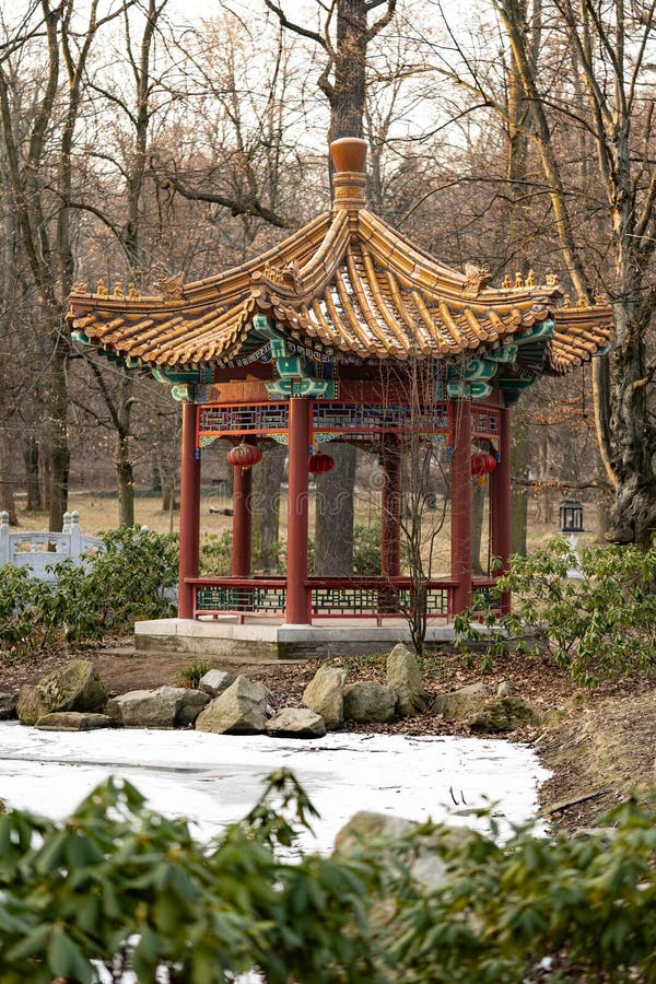 Traditional Chinese Pavilion in a Winter Park Stock Image - Image of ...