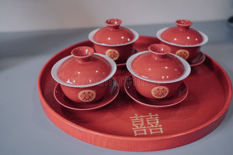 Traditional Chinese Red Cups with Tea Stock Photo - Image of plate ...