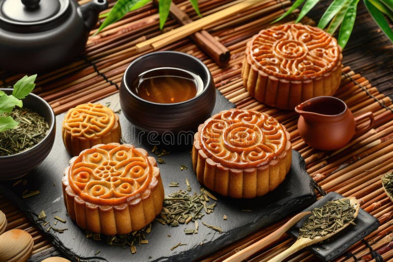 A Traditional Chinese Setting with Moon Cakes and a Cup of Tea Stock ...