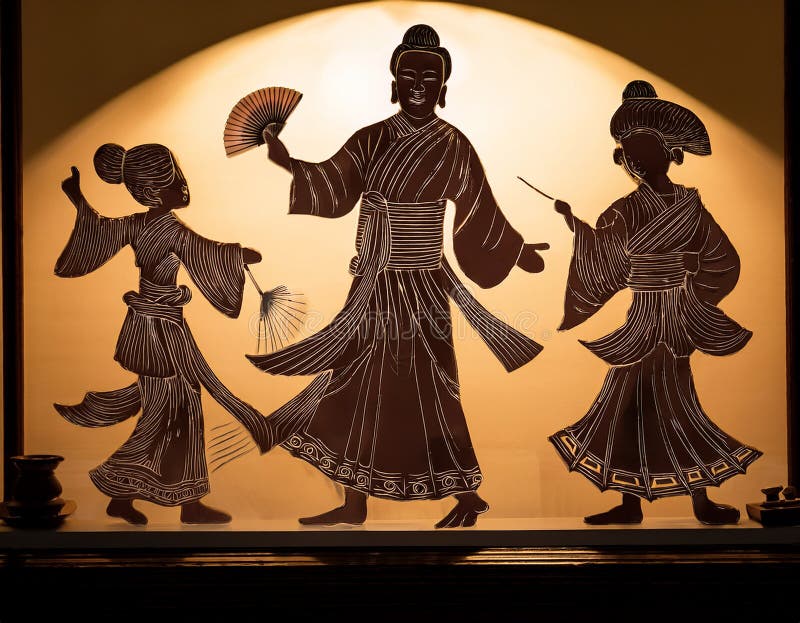 Traditional Chinese Shadow Play Figures Set Against a Softly Lit ...