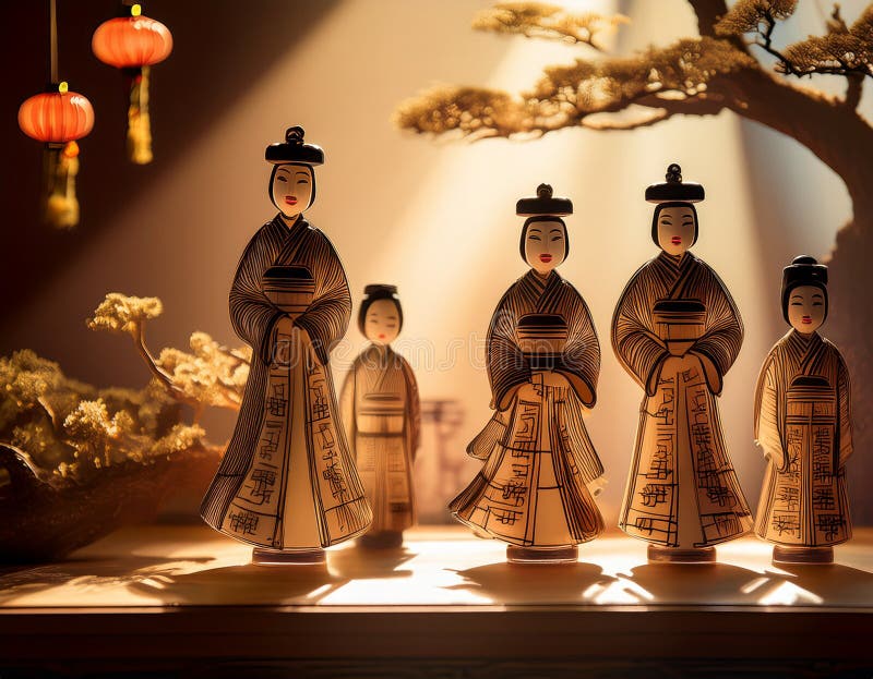 Traditional Chinese Shadow Play Figures Set Against a Softly Lit ...