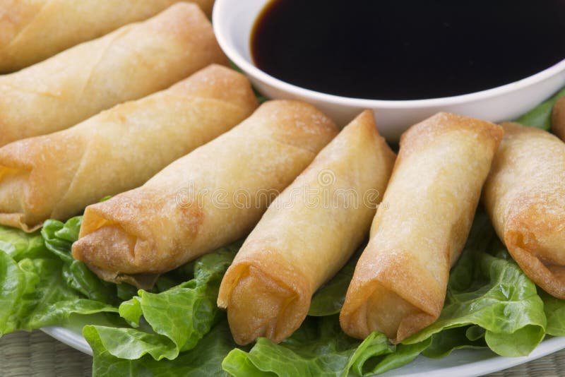 Traditional Chinese Spring Rolls with a Dipping Sause Stock Photo ...
