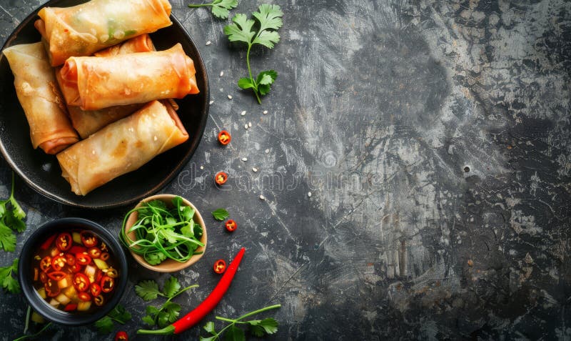 Traditional Chinese Spring Rolls on Rustic Background with Copyspace ...
