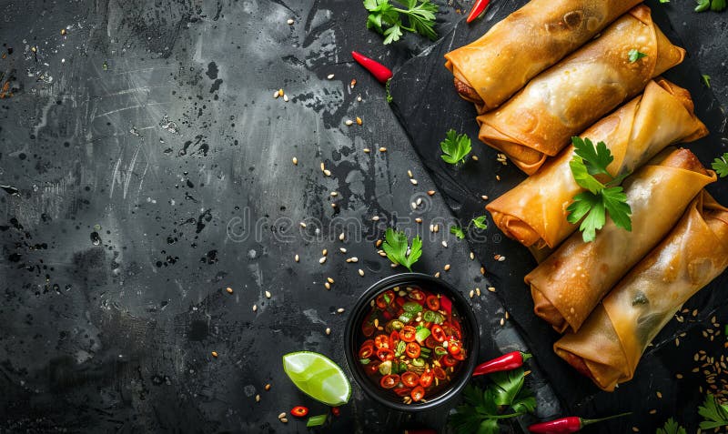 Traditional Chinese Spring Rolls on Rustic Background with Copyspace ...