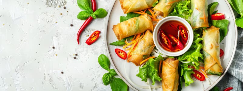 Traditional Chinese Spring Rolls on Rustic Background with Copyspace ...