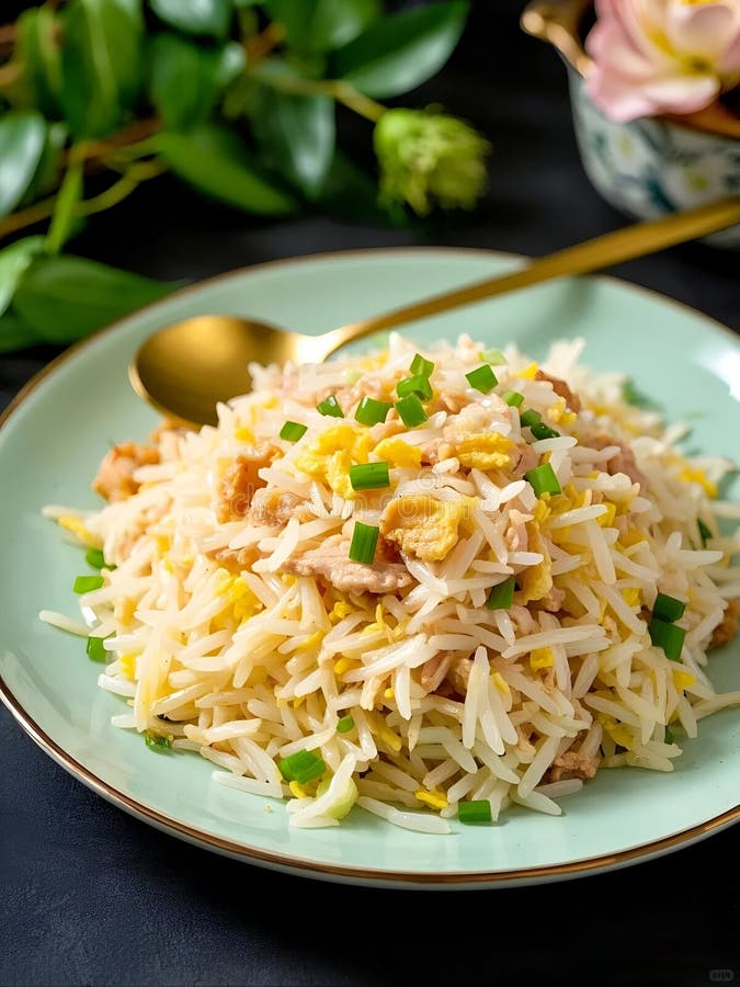 Traditional Chinese Style Fried Rice with Golden Spoon Stock ...