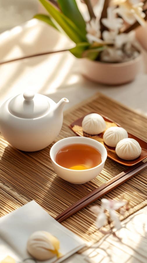 Traditional Chinese Tea Ceremony Setup Featuring Teapot, Cups, and Dim ...