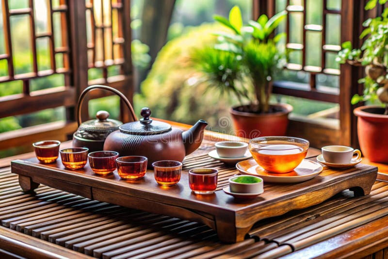 Traditional Chinese Tea Ceremony with Tea Table Setup Stock ...
