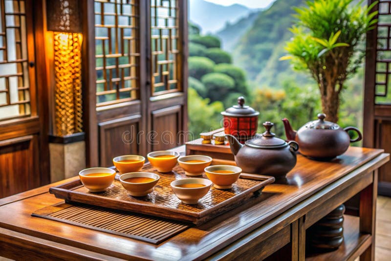 Traditional Chinese Tea Ceremony with Tea Table Setup Stock ...
