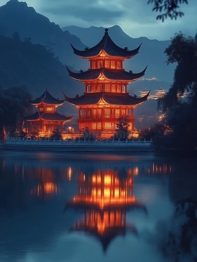 Traditional Chinese Temple at Night Illuminated by Warm Lights. Multi ...
