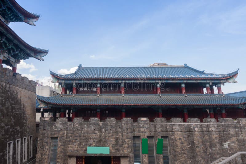 Traditional Chinese Tower on City Wall Stock Photo - Image of tower ...