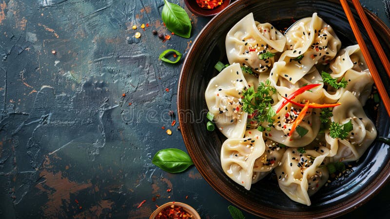 Traditional Chinese Wontons on Rustic Background with Copyspace Stock ...