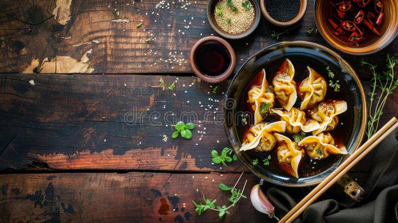 Traditional Chinese Wontons on Rustic Background with Copyspace Stock ...