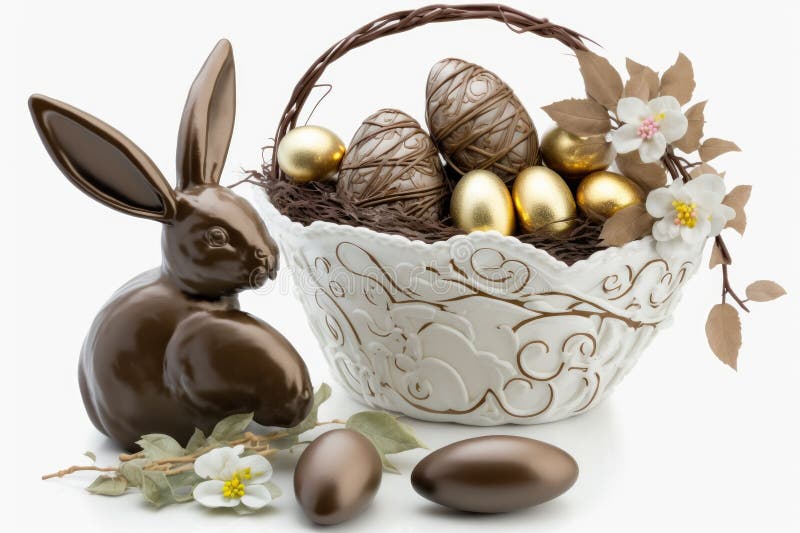 Traditional Chocolate Bunny and Basket with Easter Eggs, Generative AI ...