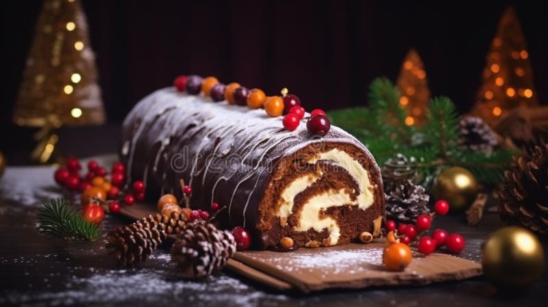 Traditional Chocolate Trunk Cake or Log Cake on Table with Christmas ...