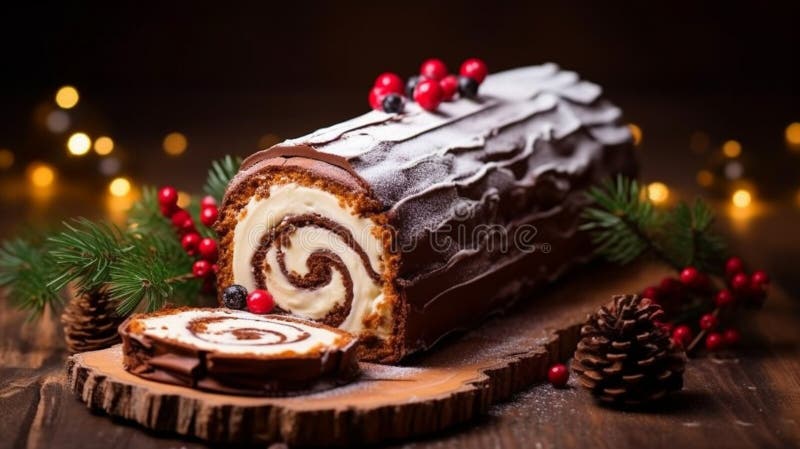 Traditional Chocolate Trunk Cake or Log Cake on Table with Christmas ...