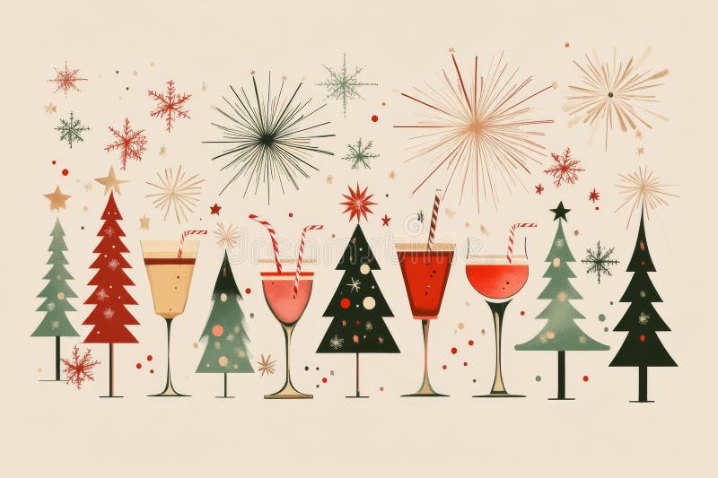 Traditional Christmas Cocktail with Christmas Tree Illustration. Stock ...