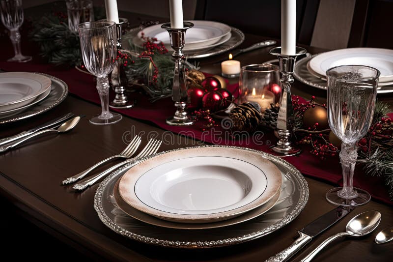 Traditional Christmas Dinner Table Setting with Plates, Glasses, and ...