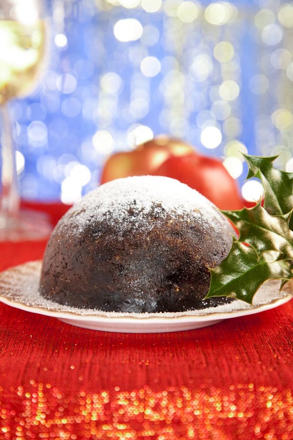 Christmas Pudding on Table with Golden Decoration Stock Image - Image ...