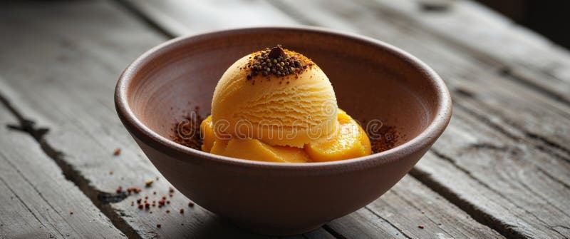 Traditional Clay Bowl with Mango Sorbet and Culinary Spices on Rustic ...