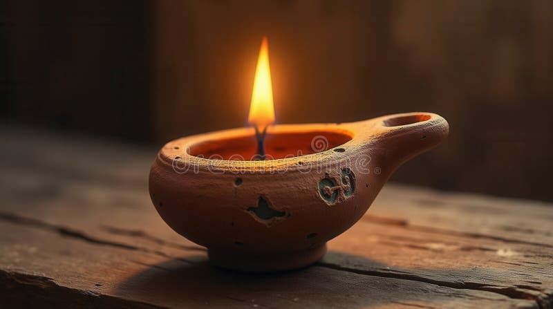 Traditional Clay Oil Lamp with Burning Flame on Rustic Wooden Surface ...