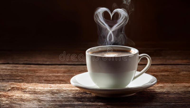 Traditional Coffee Cup with Heart Shaped Steam on Rustic Wood ...