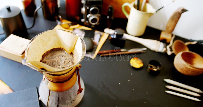 A Traditional Coffee Maker on a Desk Stock Photo - Image of food, metal ...