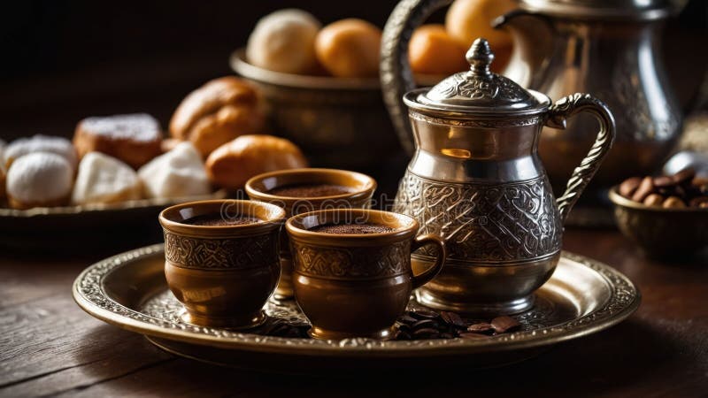 A Traditional Coffee Setup with Cups, a Pot, and Pastries on a ...