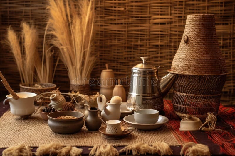 Traditional Coffee Setup with Woven Grass Mat Stock Illustration ...