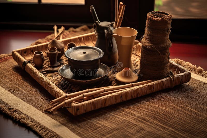Traditional Coffee Setup with Woven Grass Mat Stock Illustration ...