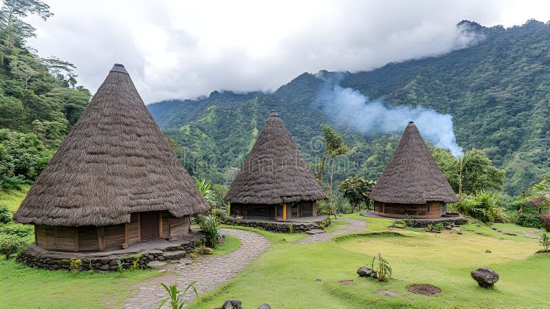 Traditional Cone Shaped Huts in Mountainous Village Landscape Stock ...