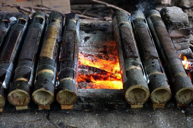 Traditional Cooking Techniques, Soup are Put in Bamboo, Then Heated in ...