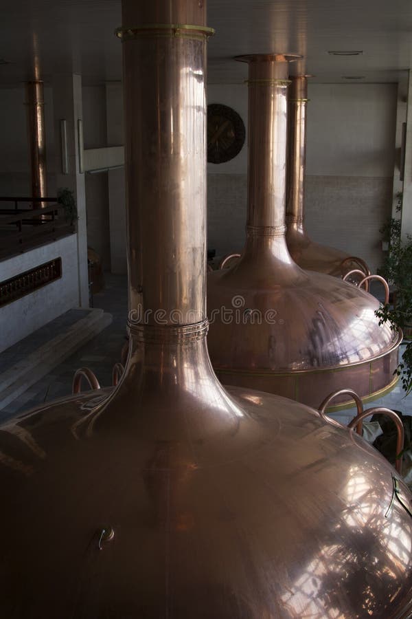 Traditional Copper Distillery Tanks in a Beer Brewery Stock Image ...